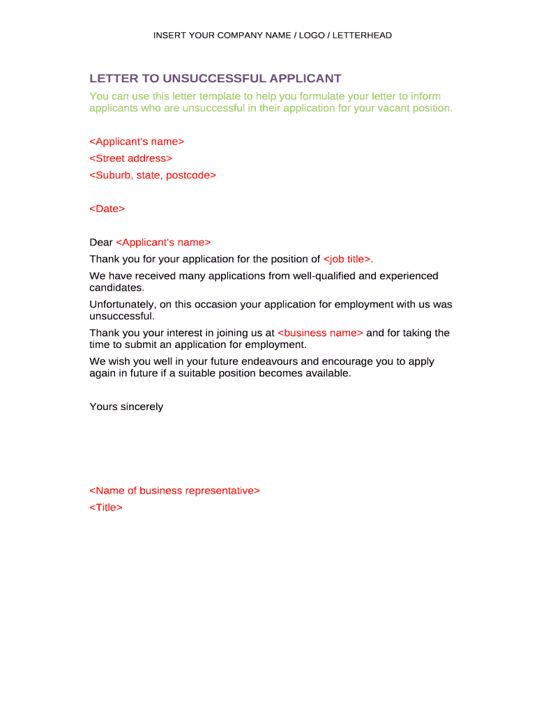 LETTER TO UNSUCCESSFUL APPLICANT Doc Template | pdfFiller