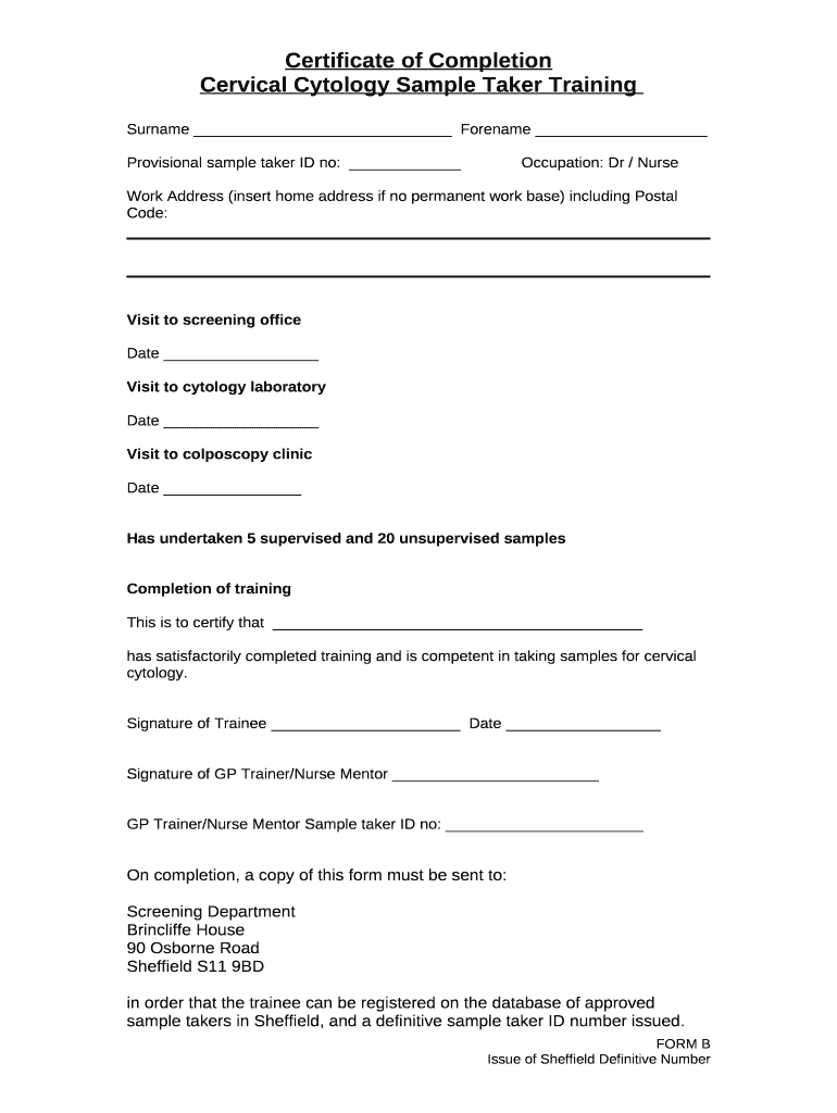Cervical Cytology Sample Taker Training Doc Template | pdfFiller