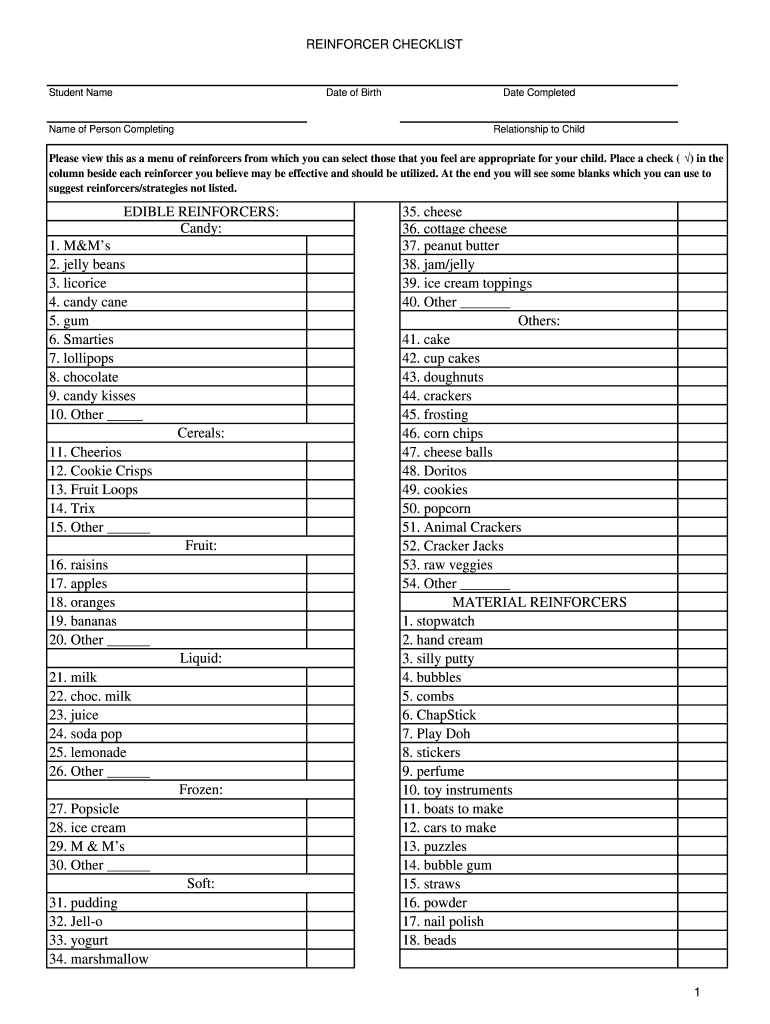 Fillable Online REINFORCER CHECKLIST Fax Email Print - pdfFiller
