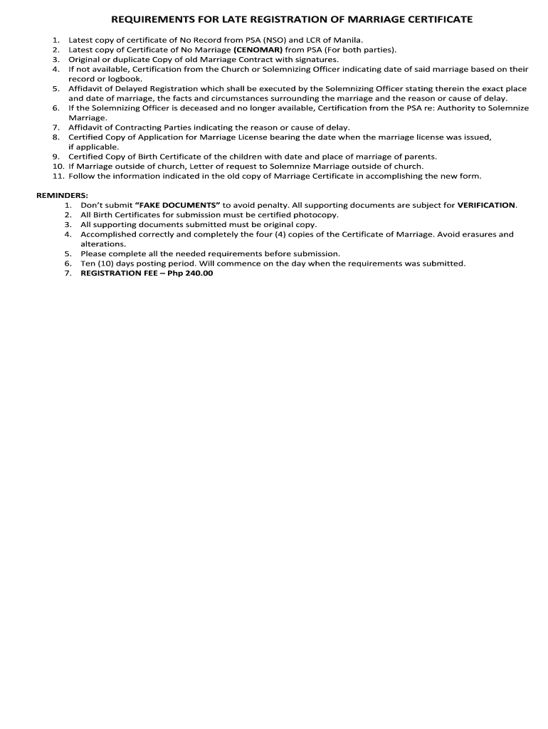 Fillable Online REQUIREMENTS FOR LATE REGISTRATION OF MARRIAGE ...