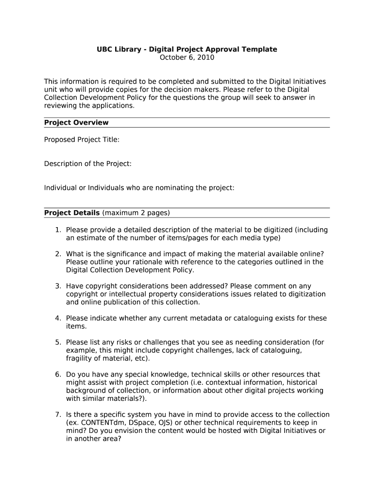 UBC Library - Digital Project Approval Template Doc Template | pdfFiller