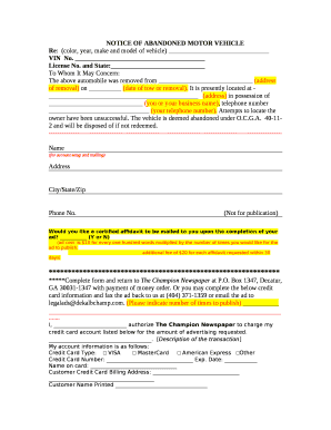 NOTICE OF ABANDONED MOTOR VEHICLE Doc Template | pdfFiller