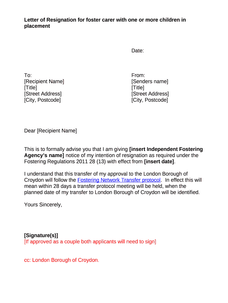 Letter of Resignation for foster carer with one or more children in ...