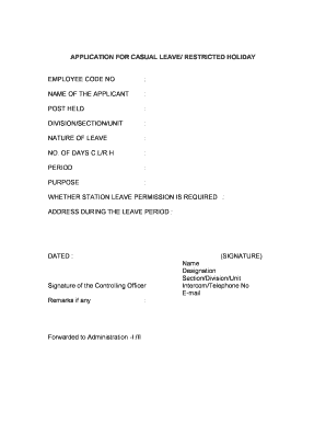 Fillable Online APPLICATION FOR CASUAL LEAVE/ RESTRICTED HOLIDAY Fax ...