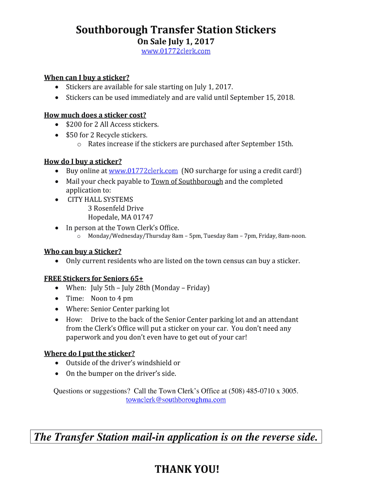 Fillable Online Southborough Transfer Station Stickers Fax Email Print ...