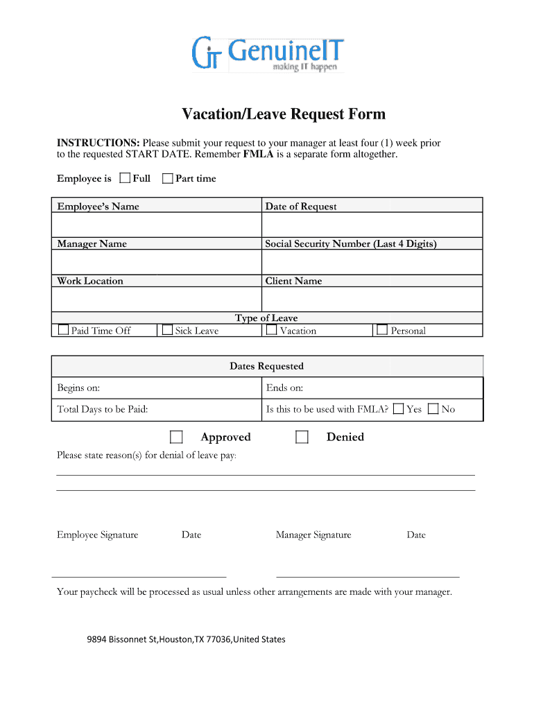 Fillable Online Vacation/Leave Request Form Fax Email Print - pdfFiller