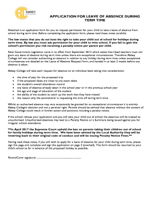 Fillable Online APPLICATION FOR LEAVE OF ABSENCE DURING Fax Email Print ...