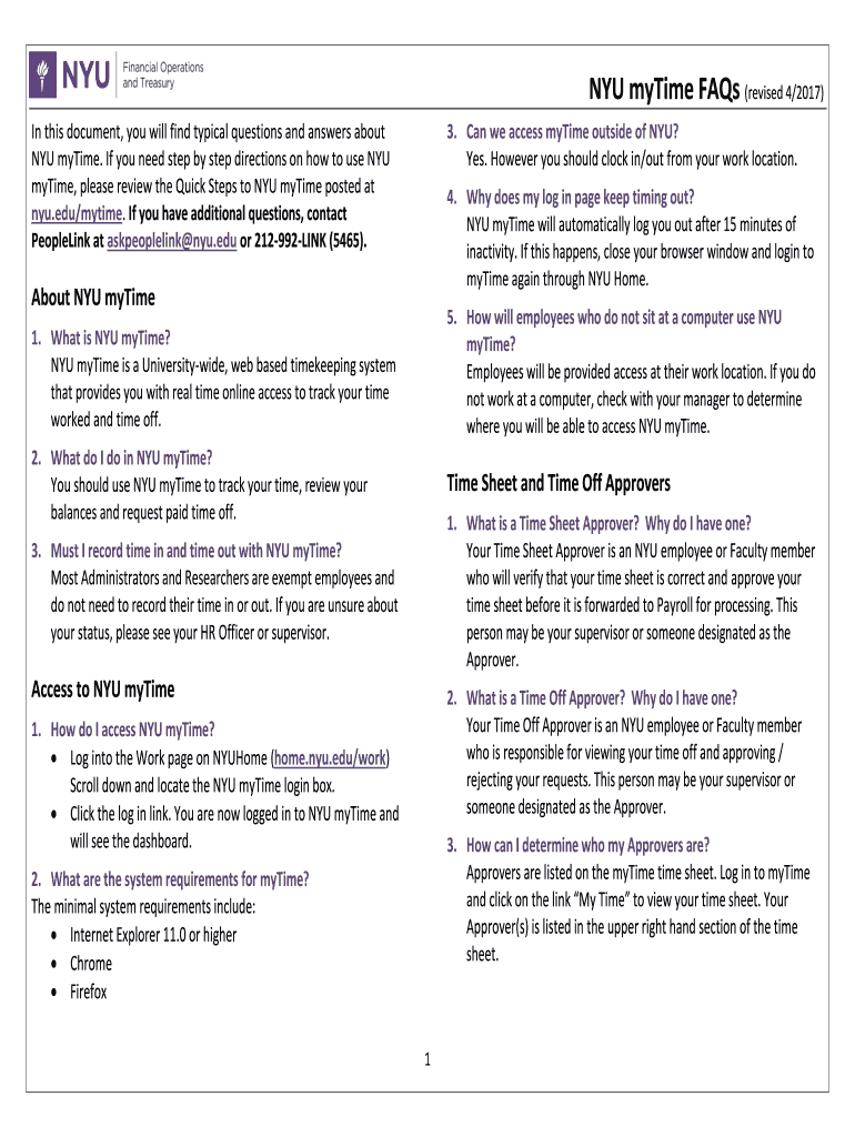 Fillable Online The Student Employee's Guide to Using NYU myTime Fax ...