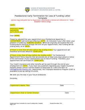 Postdoctoral Early Termination for Loss of Funding Letter Template Doc ...