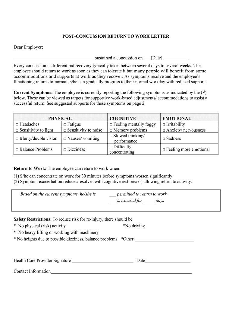 Fillable Online POST-CONCUSSION RETURN TO WORK LETTER Fax Email Print ...