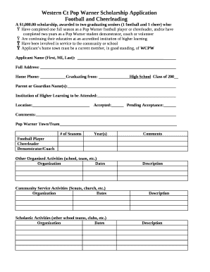 Western Ct Pop Warner Scholarship Application Doc Template | pdfFiller