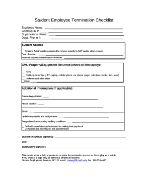 Student Employee Termination Checklist Doc Template | pdfFiller
