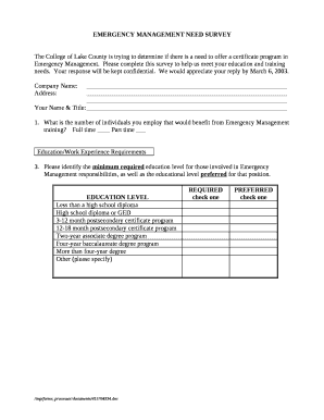 EMERGENCY MANAGEMENT NEED SURVEY - training fema Doc Template | pdfFiller
