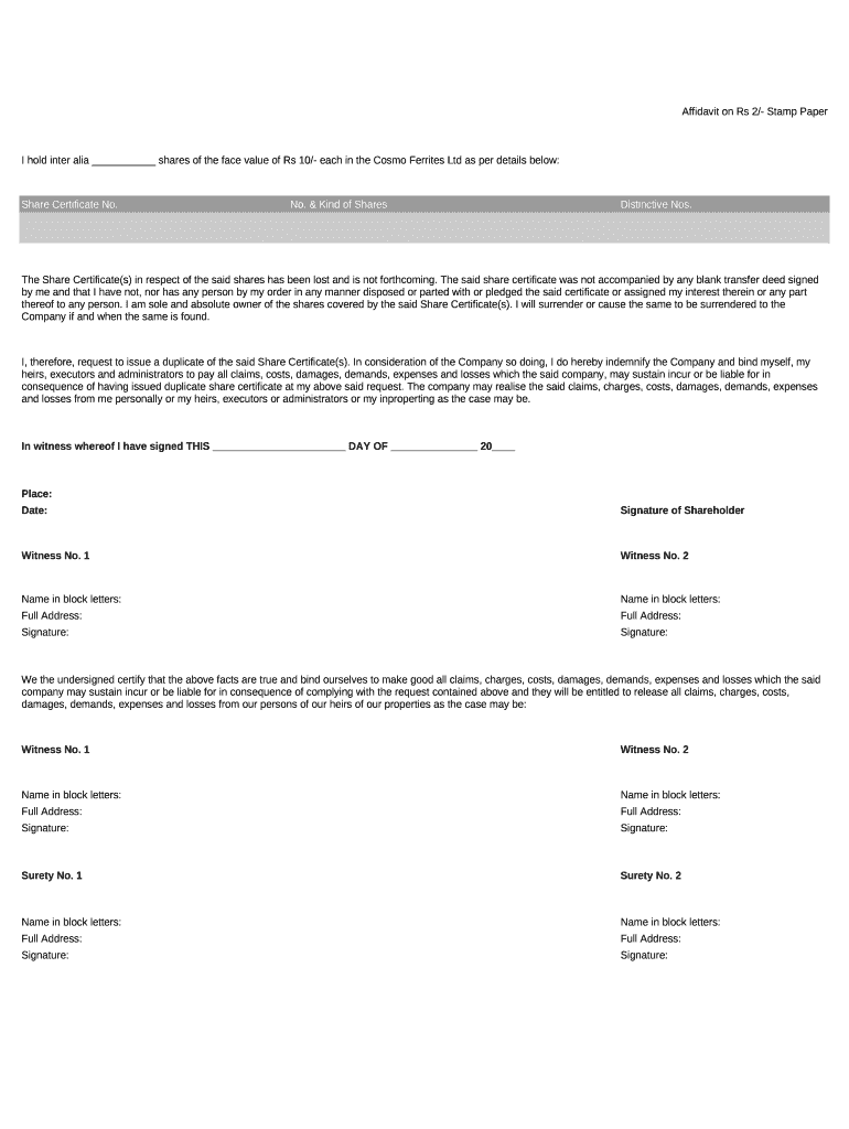 Affidavit on Rs 2/- Stamp Paper Doc Template | pdfFiller