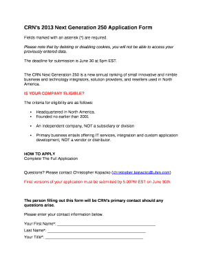 CRN's 2013 Next Generation 250 Application Doc Template | pdfFiller
