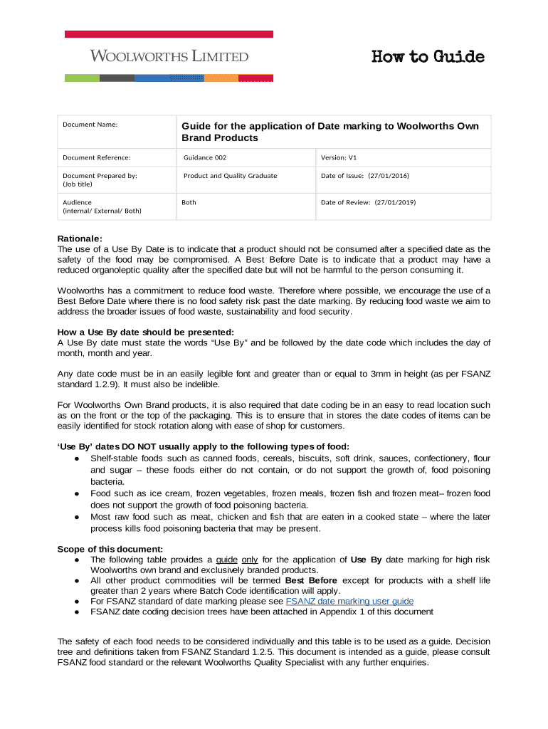Fillable Online Guide for the application of Date marking to Woolworths ...