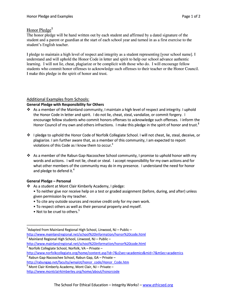 Fillable Online Honor Pledge and Examples Fax Email Print - pdfFiller