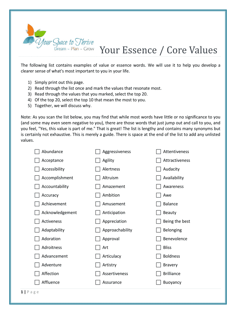 Fillable Online Your Essence / Core Values Fax Email Print - pdfFiller