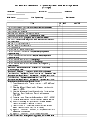 BID PACKAGE CONTENTS LIST (used by CDBG staff on receipt of bid package ...