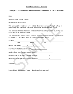 Sample - District Authorization Letter for Students to Take GED Test ...