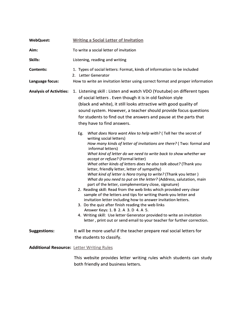Fillable Online Writing a Social Letter of Invitation Fax Email Print ...
