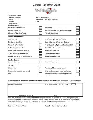 Fillable Online Vehicle Handover Sheet Fax Email Print - pdfFiller