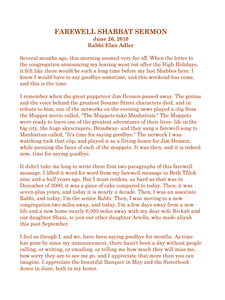 Fillable Online FAREWELL SHABBAT SERMON Fax Email Print - pdfFiller