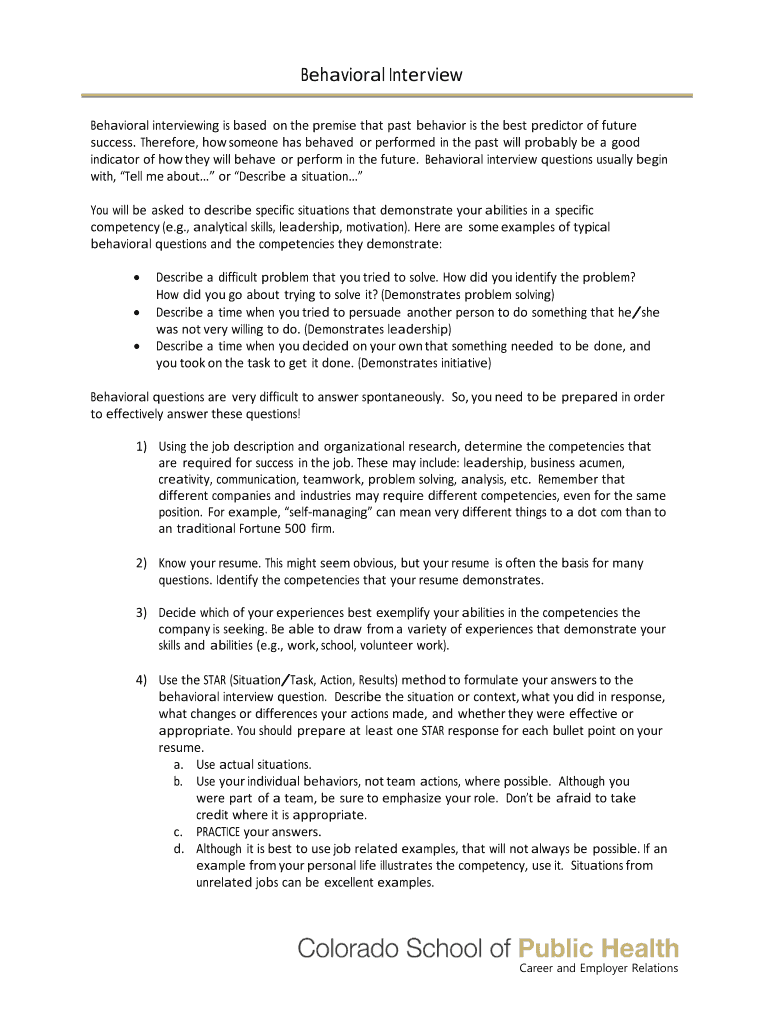 Fillable Online Behavioral Based Interviewing is based on the ...