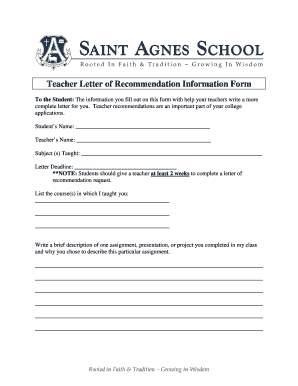 Fillable Online Teacher Letter of Recommendation Information Form Fax Email Print - pdfFiller