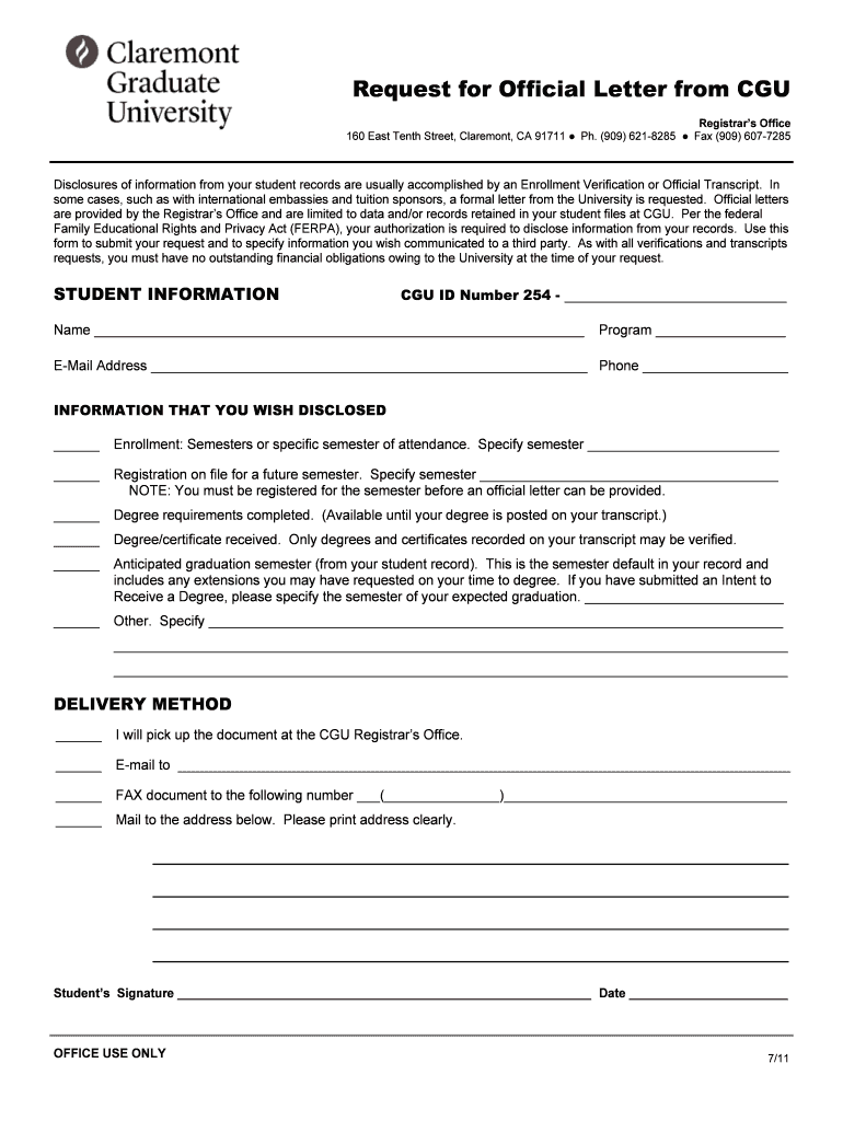 Fillable Online Request for Official Letter from CGU Fax Email Print ...