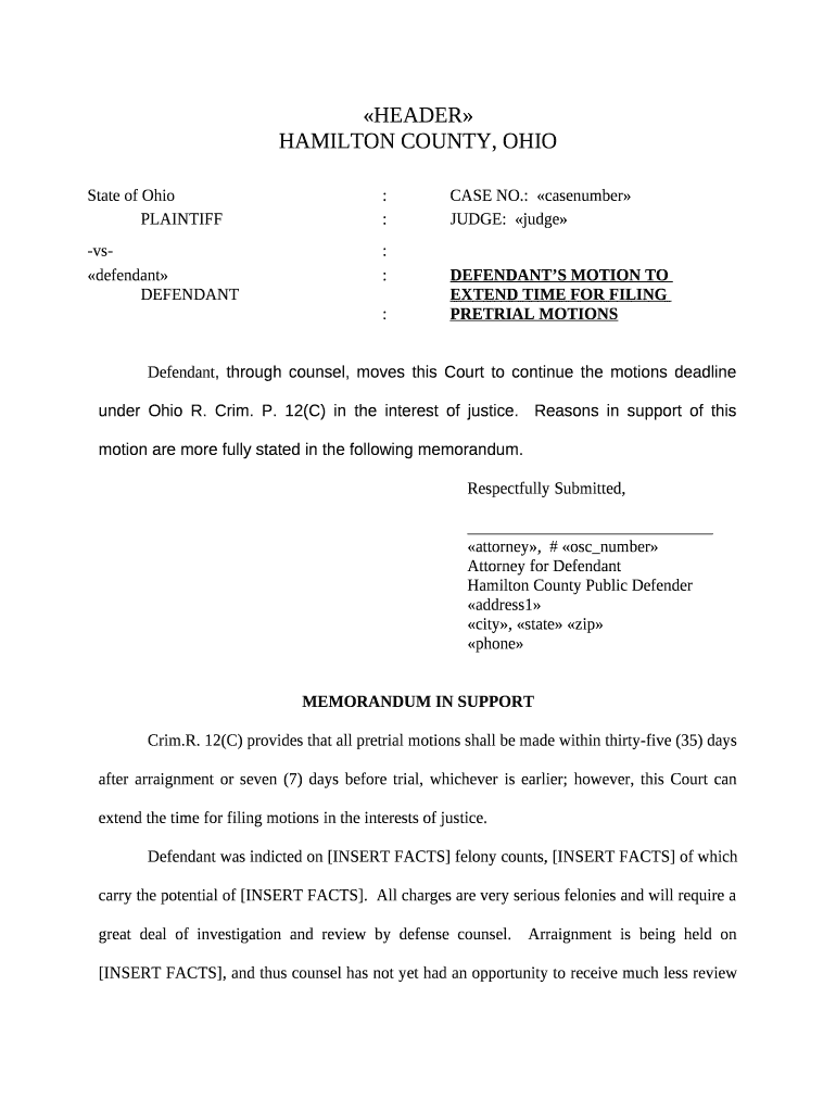 DEFENDANTS MOTION TO EXTEND TIME FOR FILING PRETRIAL MOTIONS Doc Template | pdfFiller
