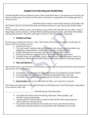 Sample GAA Club Drug and Alcohol Policy Doc Template | pdfFiller