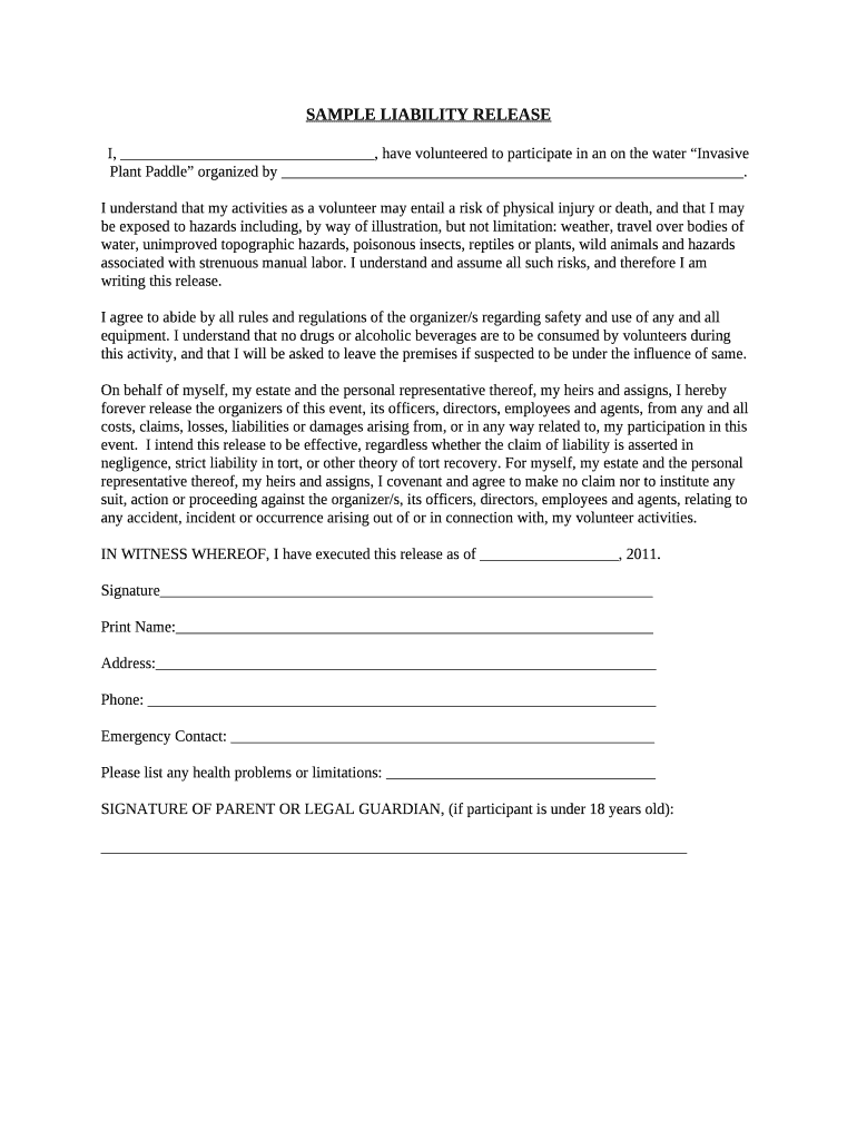 SAMPLE LIABILITY RELEASE Doc Template | pdfFiller