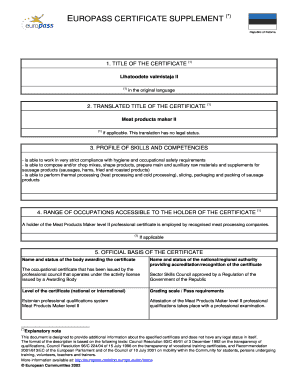 Fillable Online EUROPASS CERTIFICATE SUPPLEMENT (*) Fax Email Print - pdfFiller