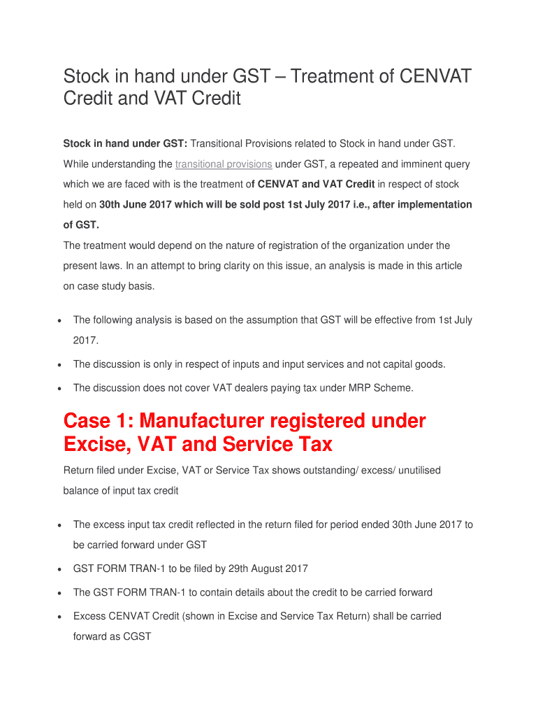 Fillable Online Stock in hand under GST Treatment of CENVAT Fax Email ...