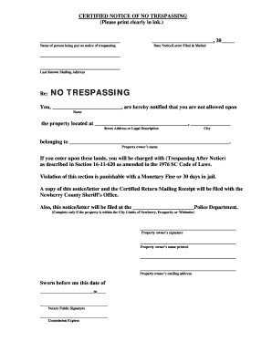 Fillable Online CERTIFIED NOTICE OF NO TRESPASSING Fax Email Print ...