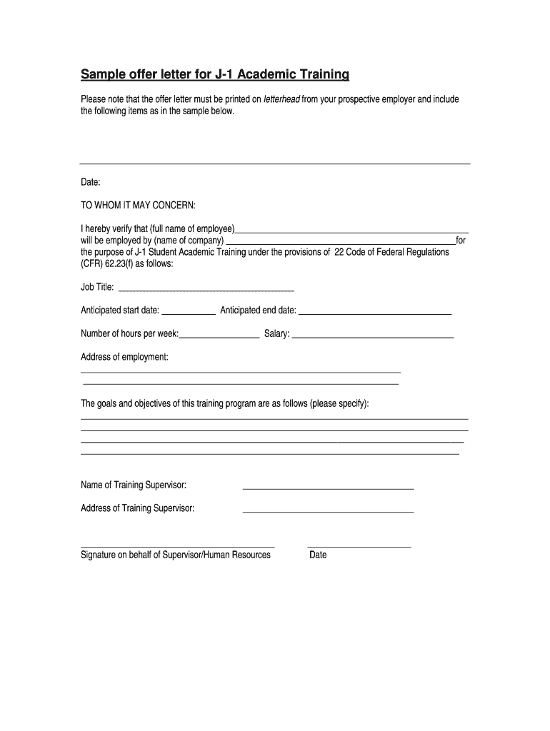 Fillable Online Sample offer letter for J-1 Academic Training Fax Email ...