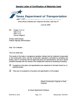 Fillable Online Sample Letter of Certification of Materials Used Fax ...