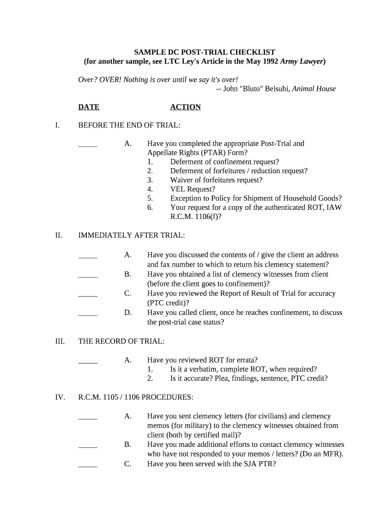 SAMPLE DC POST-TRIAL CHECKLIST Doc Template | pdfFiller