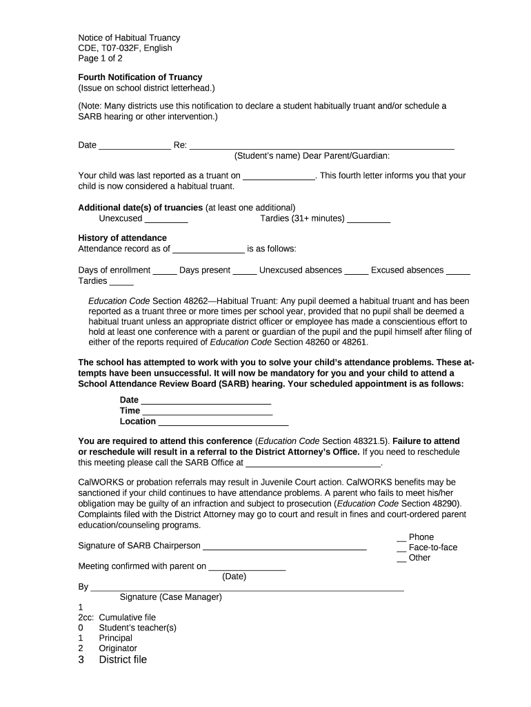 Notice of Habitual Truancy Doc Template | pdfFiller