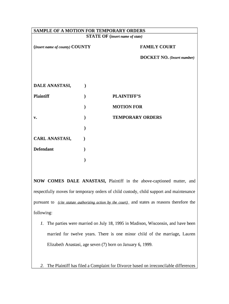 SAMPLE OF A MOTION FOR TEMPORARY ORDERS Doc Template | pdfFiller