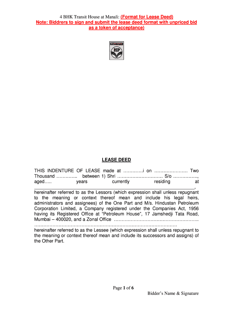 Fillable Online 4 BHK Transit House at Manali: (Format for Lease Deed ...