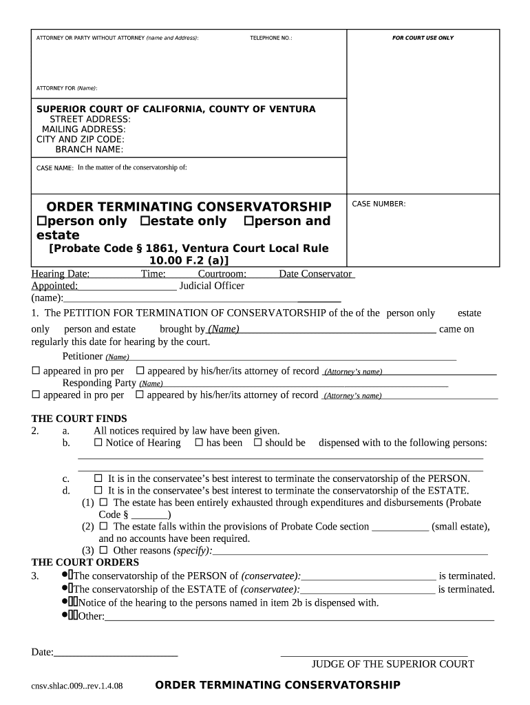 ORDER TERMINATING CONSERVATORSHIP Doc Template | pdfFiller