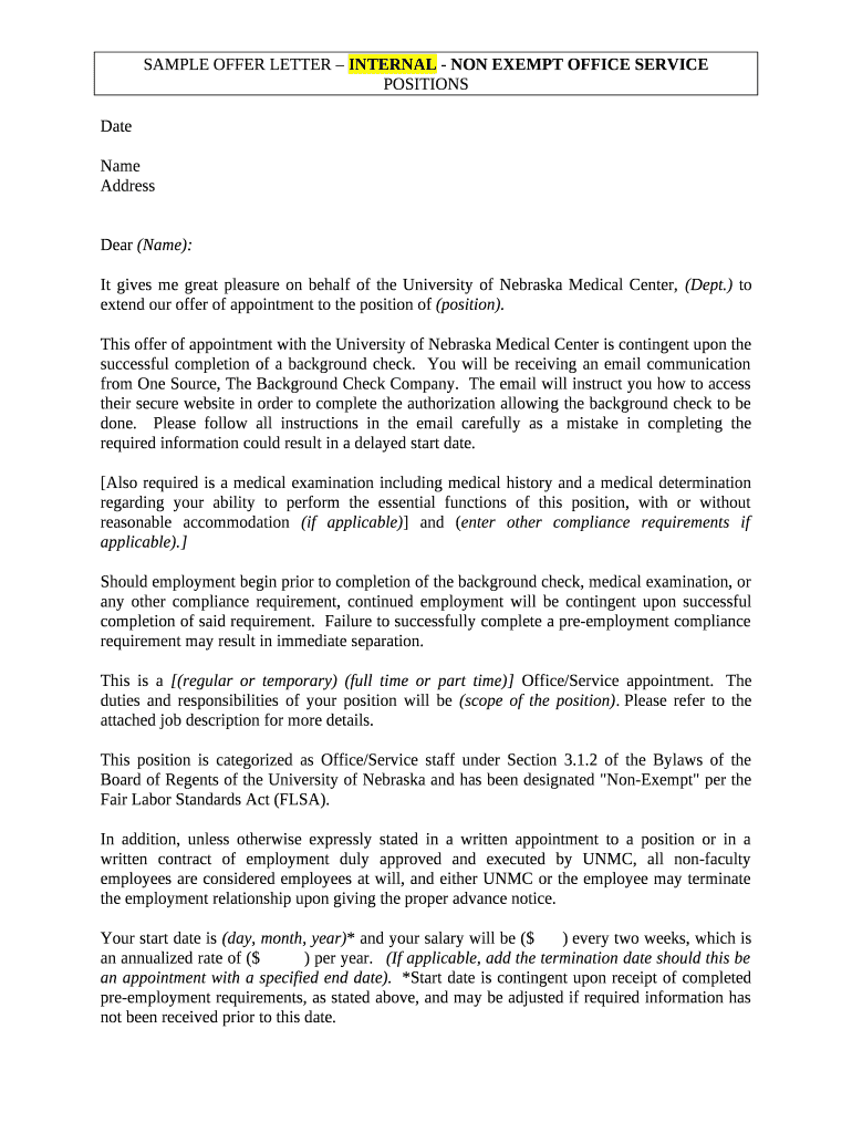 SAMPLE OFFER LETTER INTERNAL - NON EXEMPT OFFICE SERVICE POSITIONS Doc ...