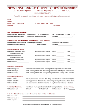NEW INSURANCE CLIENT QUESTIONNAIRE Doc Template | pdfFiller