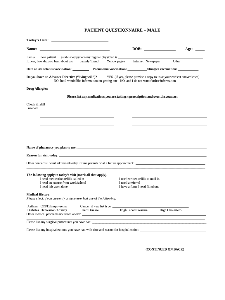 PATIENT QUESTIONNAIRE MALE Doc Template | pdfFiller