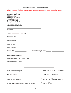 Client Questionnaire - Homeowner Claim Doc Template | pdfFiller