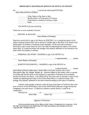 PROOF (DECLARATION) OF SERVICE OF NOTICE TO TENANT Doc Template | pdfFiller