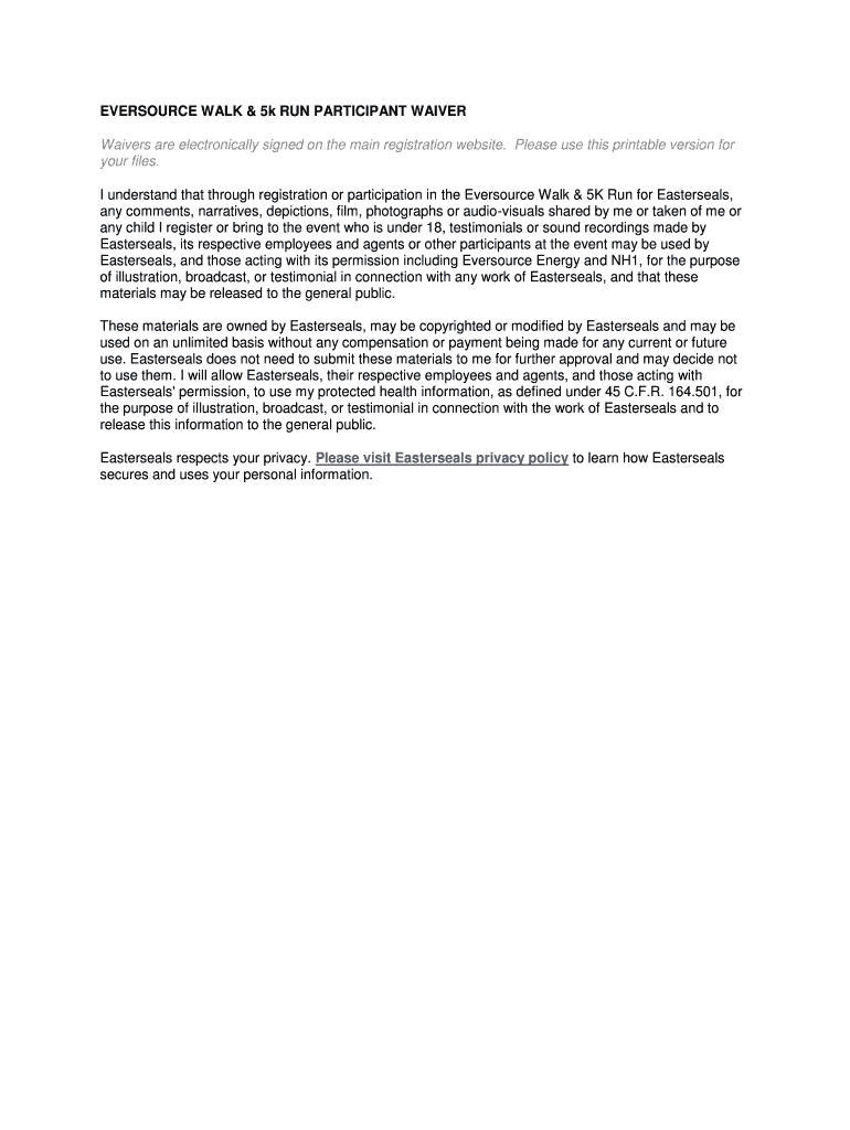 Fillable Online EVERSOURCE WALK & 5k RUN PARTICIPANT WAIVER Fax Email ...