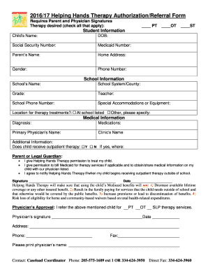 Fillable Online 2016/17 Helping Hands Therapy Authorization/Referral ...